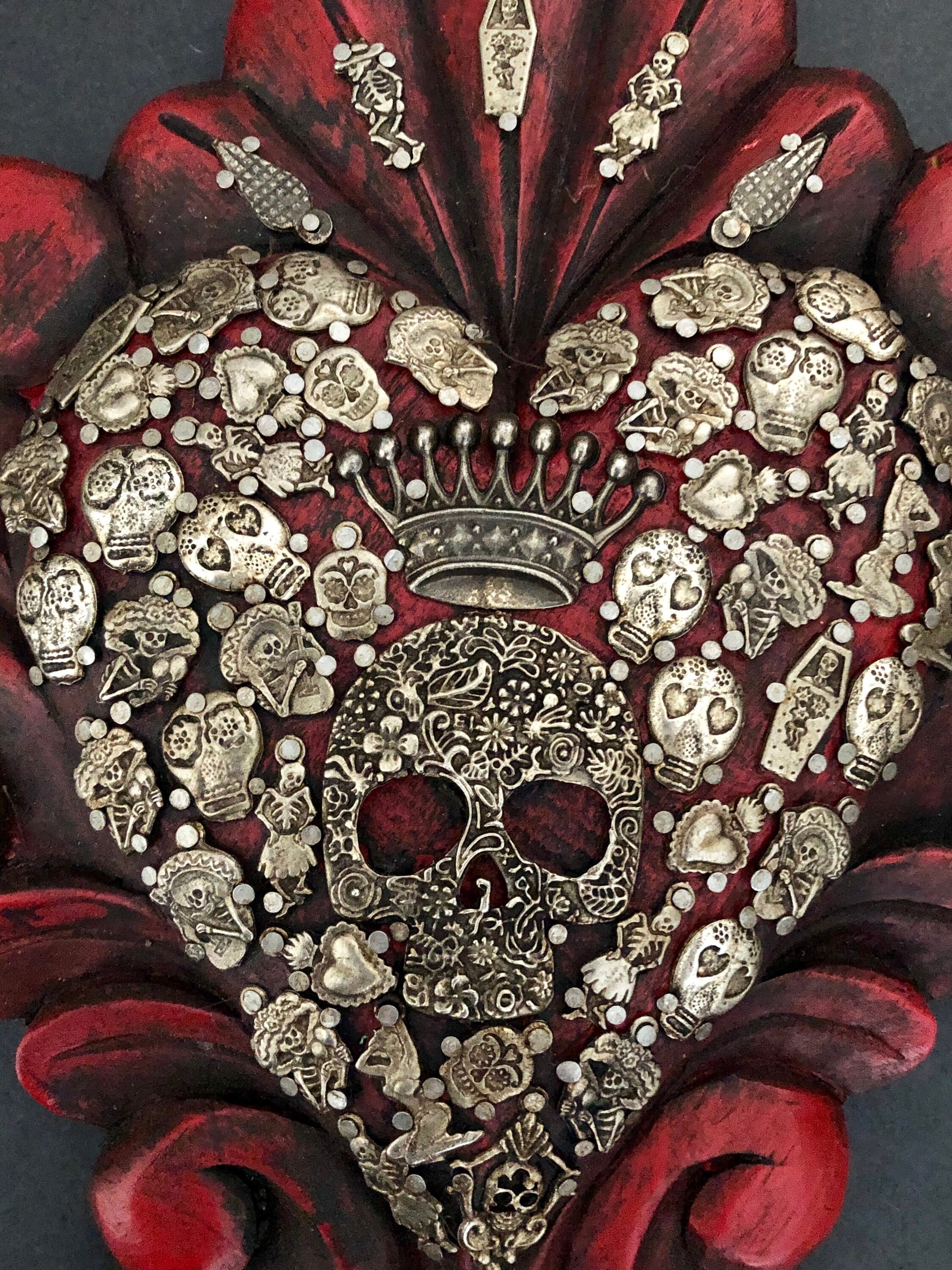 Day of the Dead Heart with Charms, Sugar Skull MILAGROS HEART