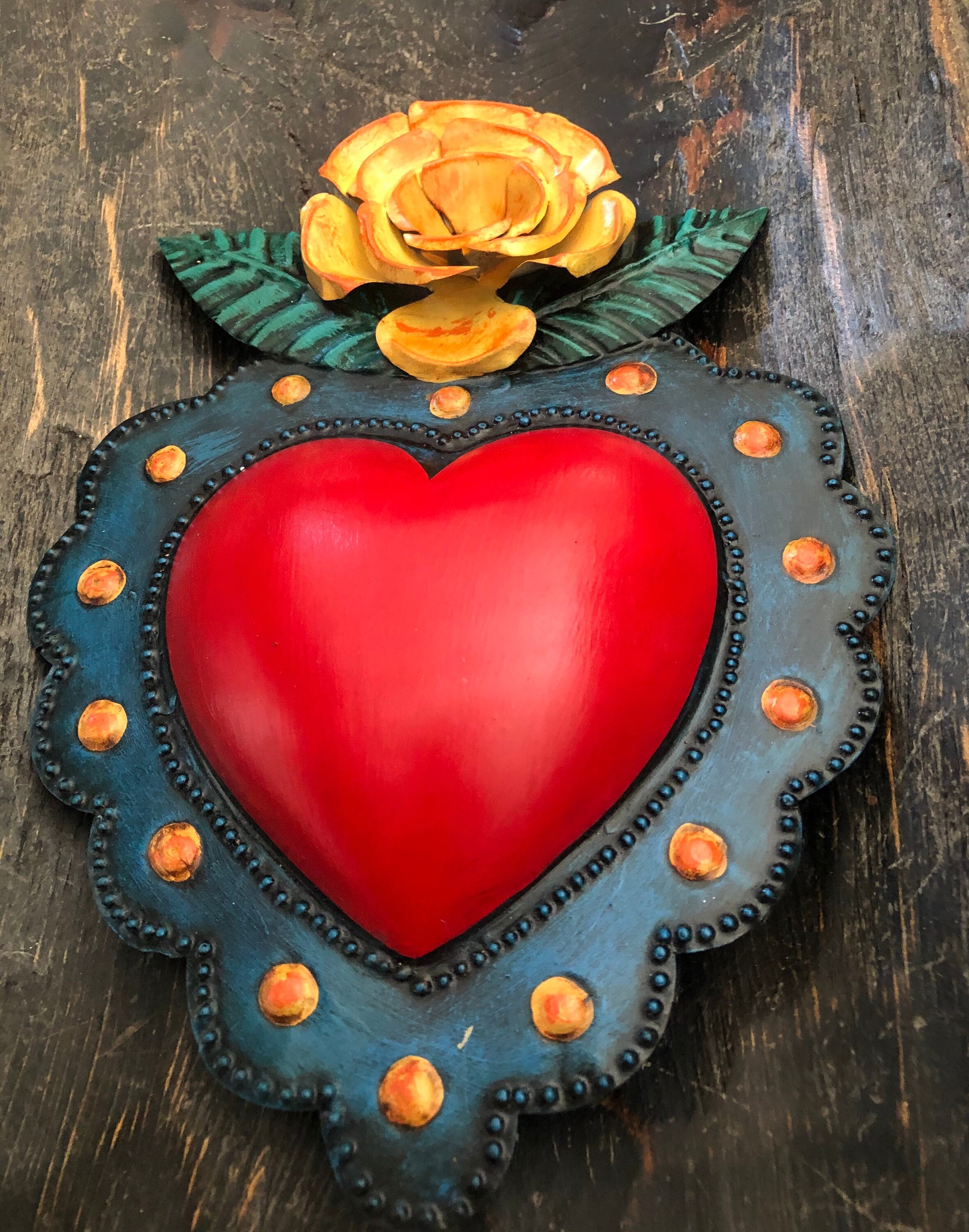 Tin Heart with Yellow Flower, Layered Rose Heart