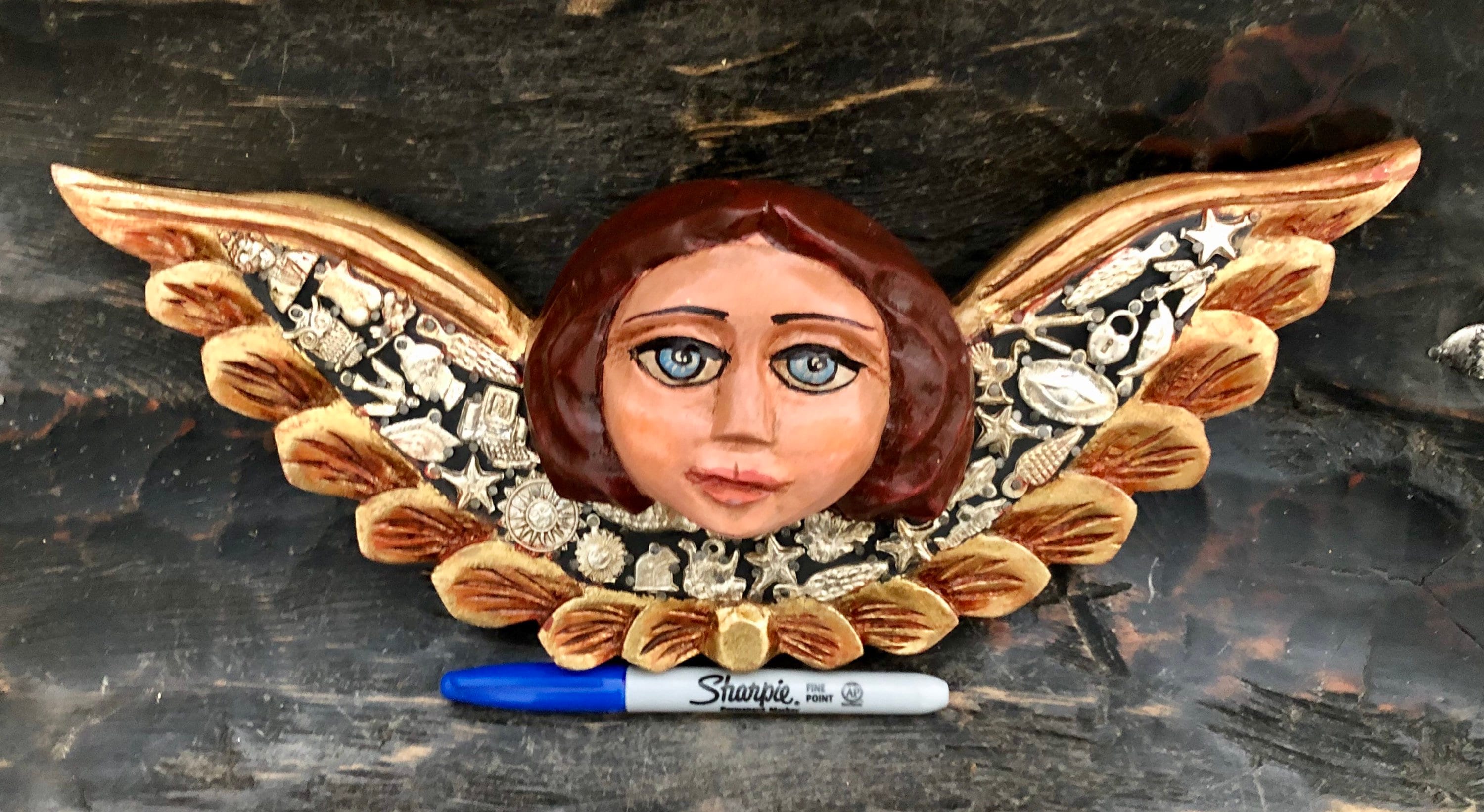 MILAGROS ANGEL, Carved Wood Angel With Charms, Wall Cherub Plaque