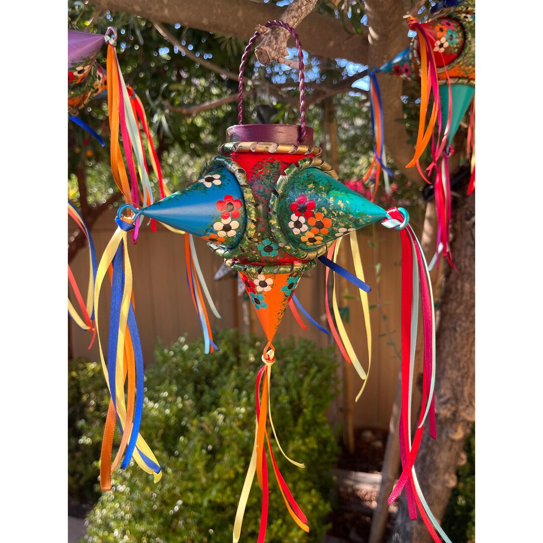 SET 2 Painted Tin PIÑATA Ornaments With Colorful Ribbons, Punched Tin ...