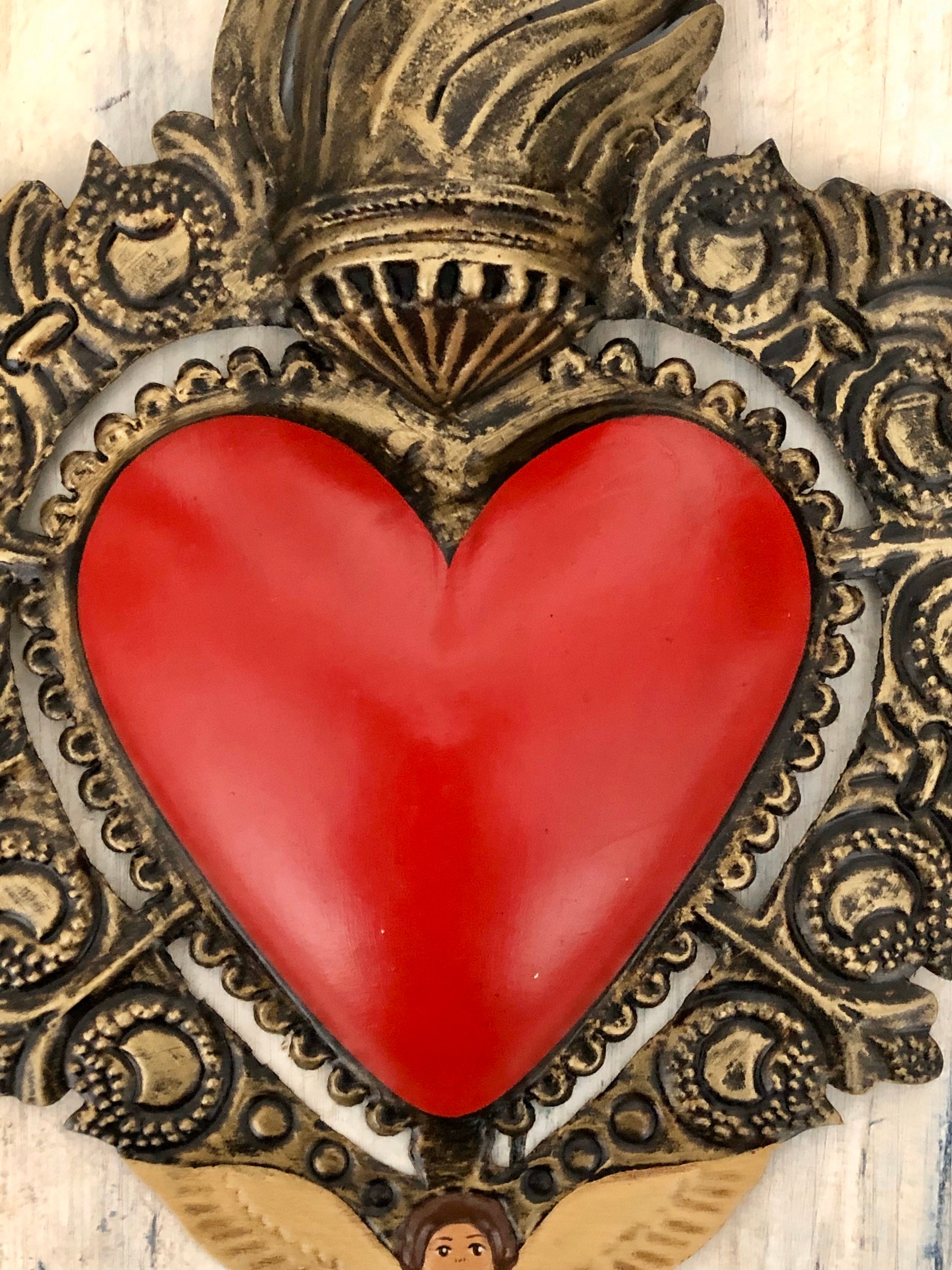 SET (2) TIN HEARTS, Punched Tin Sacred Heart with Angel and Winged Heart