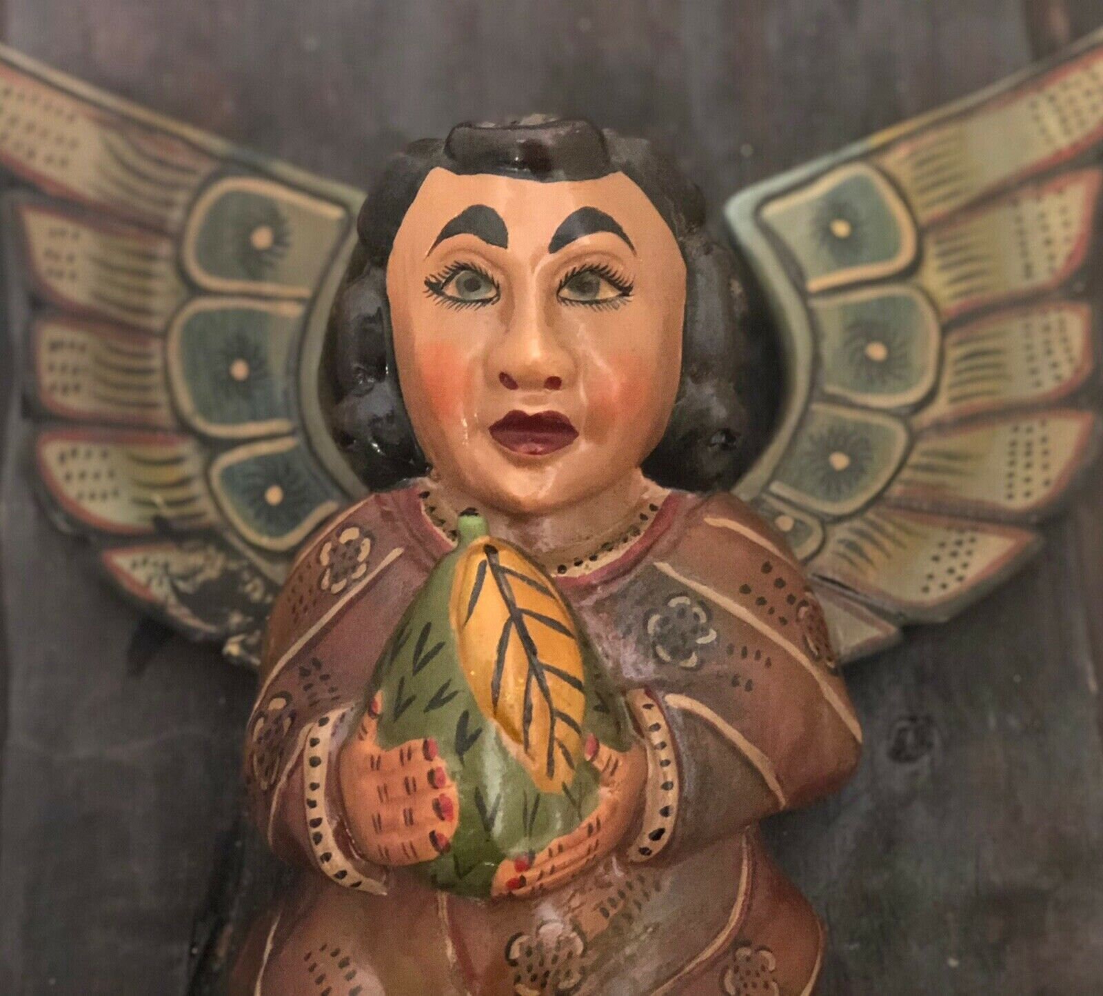 Carved Wood Angel Holding a Pear