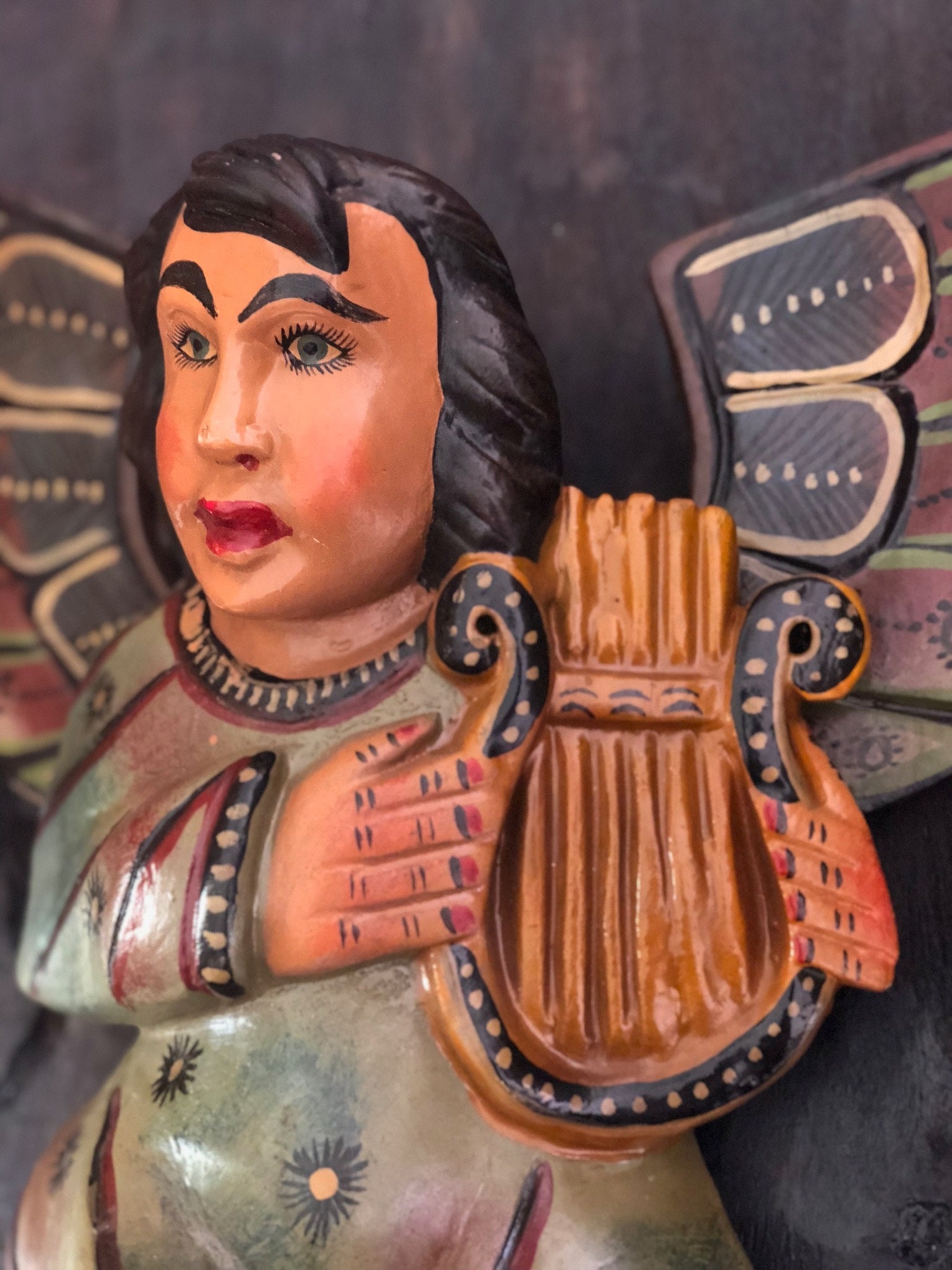 Carved Wood Angel with Harp, Full Body Winged Angel, Colonial Spanish ...