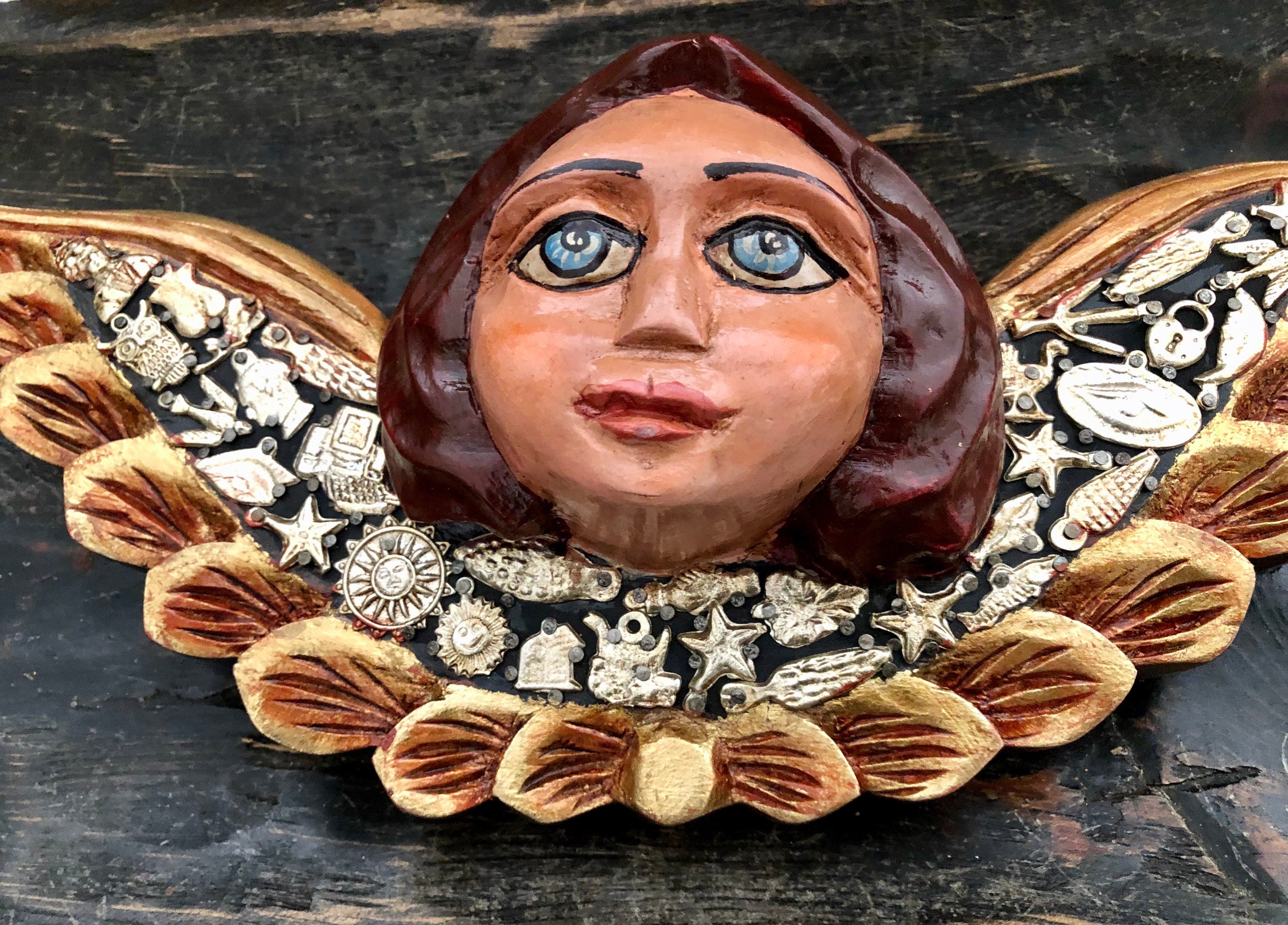 MILAGROS ANGEL, Carved Wood Angel With Charms, Wall Cherub Plaque