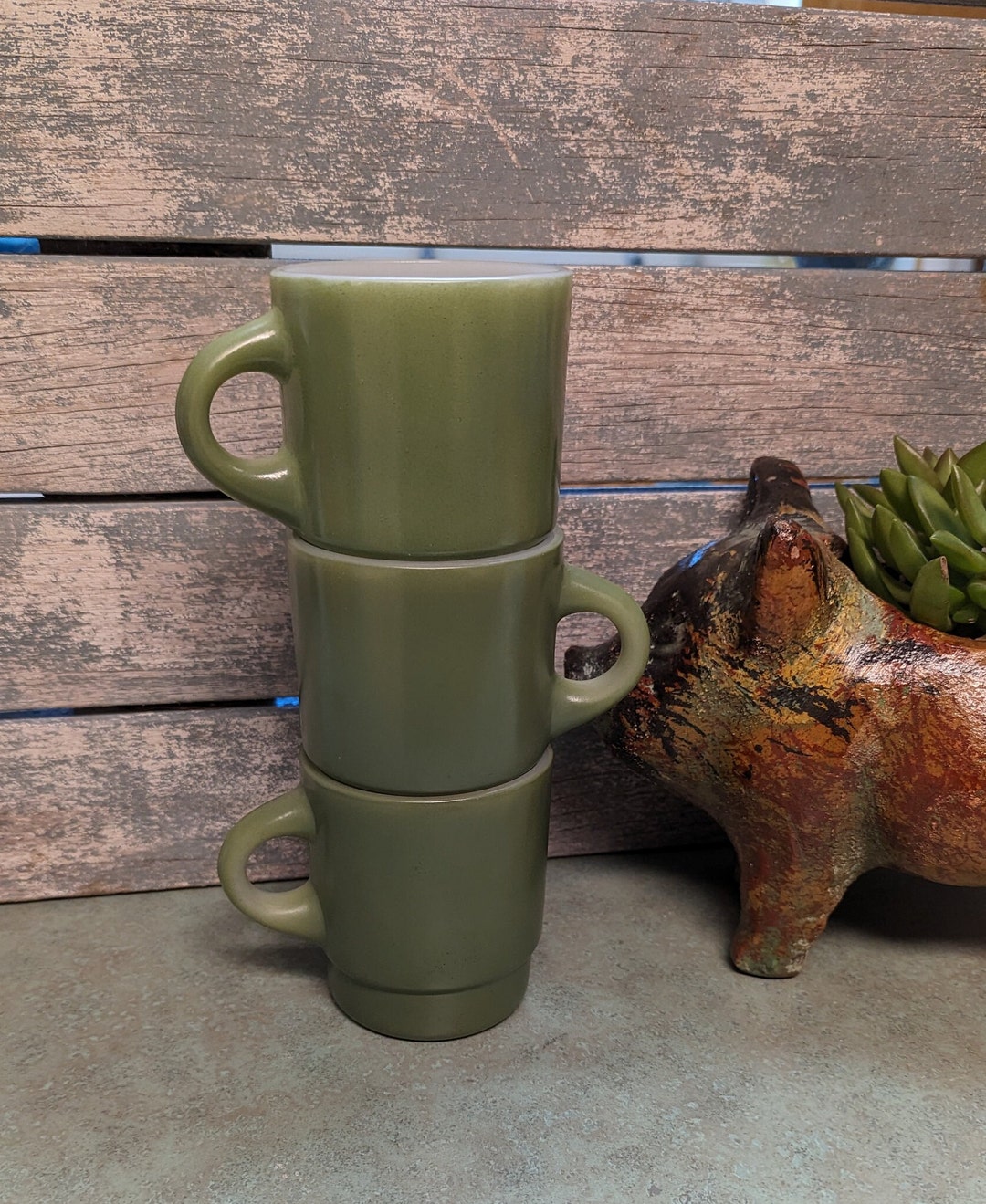 Vintage FIRE KING Cups by Anchor Hocking Avocado Green Stacking Mug ...