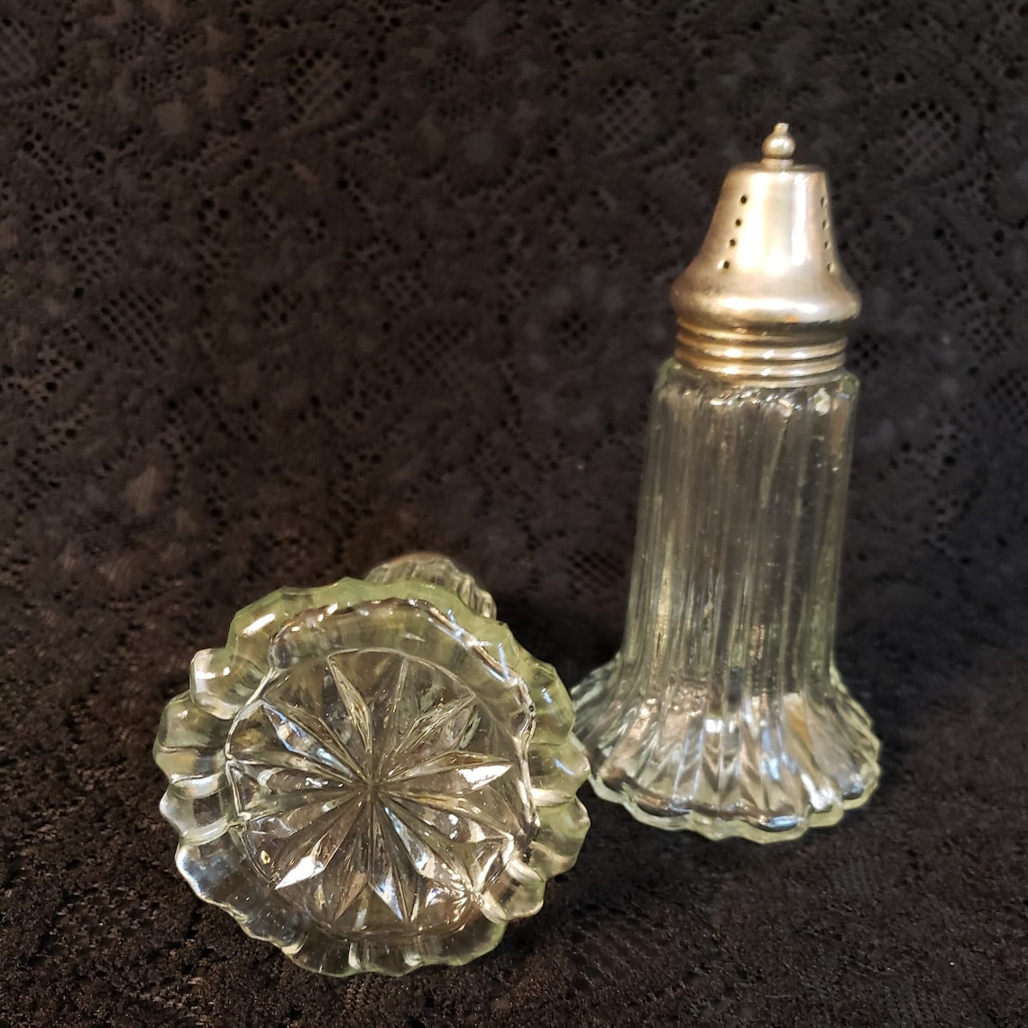 LARGE Fluted Glass Salt & Pepper Shakers Silver Plate Lids - Etsy