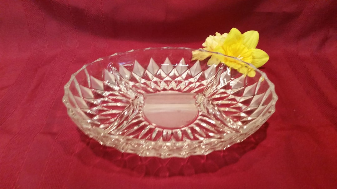 Cut CRYSTAL Divided Dish, Etched Clear & Shaded Diamond Pattern ...