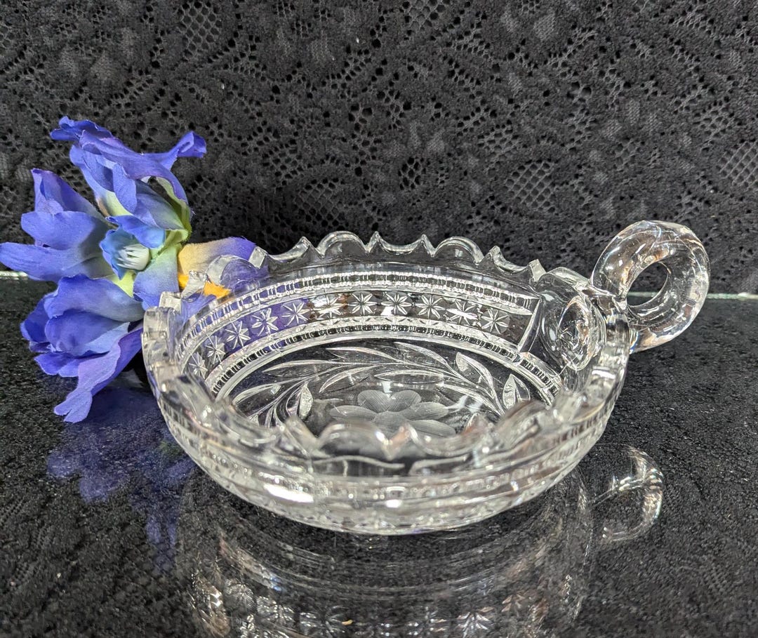 Antique Mckee Brilliant Cut Glass Nappy, Stars and Flowers, Handled ...