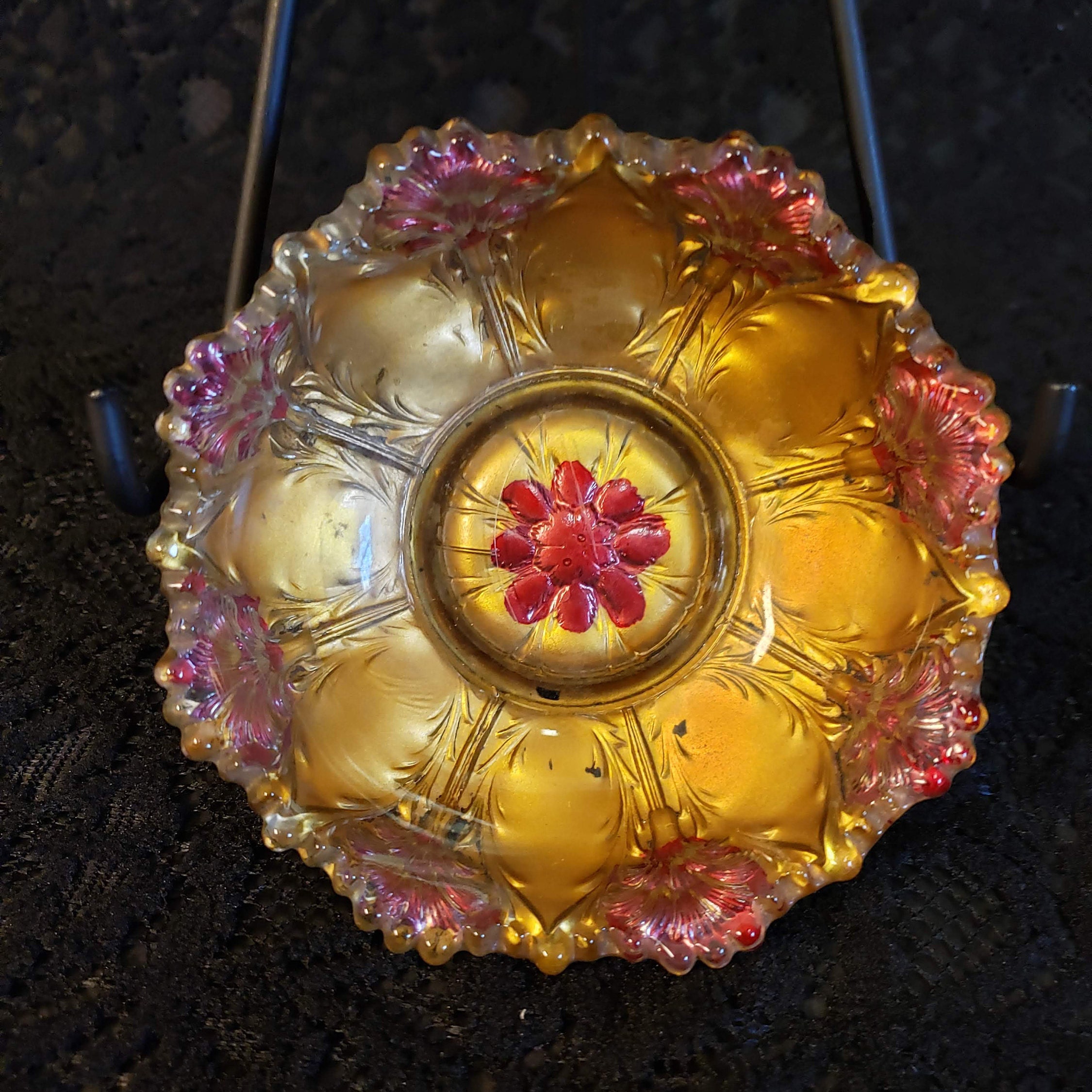 Awesome Antique GOOFUS Glass GOLD & Burgundy Rose Pattern | Etsy