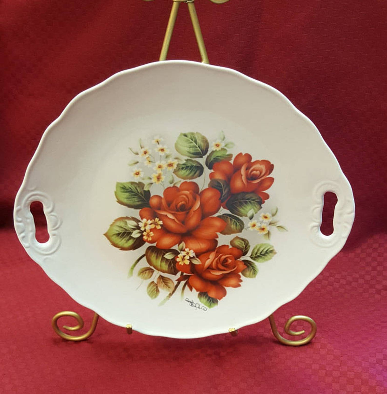 Rose Porcelain Tray Vintage LARGE Handled Red Roses - Etsy