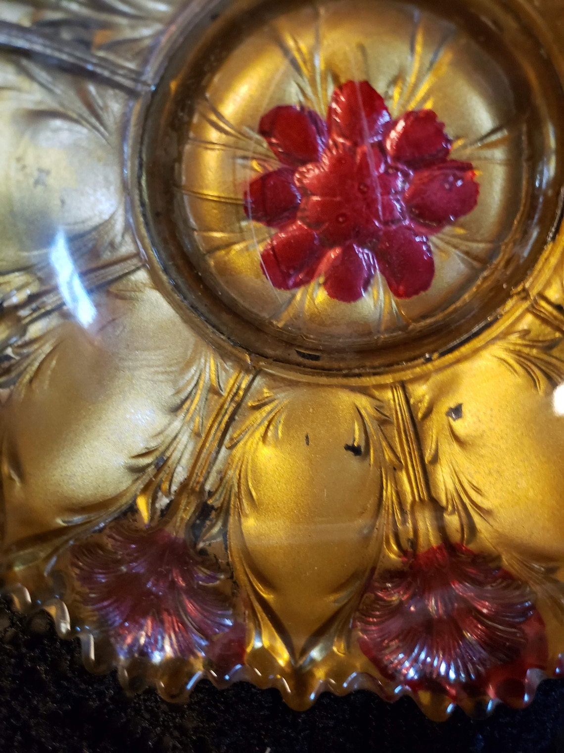 Awesome Antique GOOFUS Glass GOLD & Burgundy Rose Pattern | Etsy