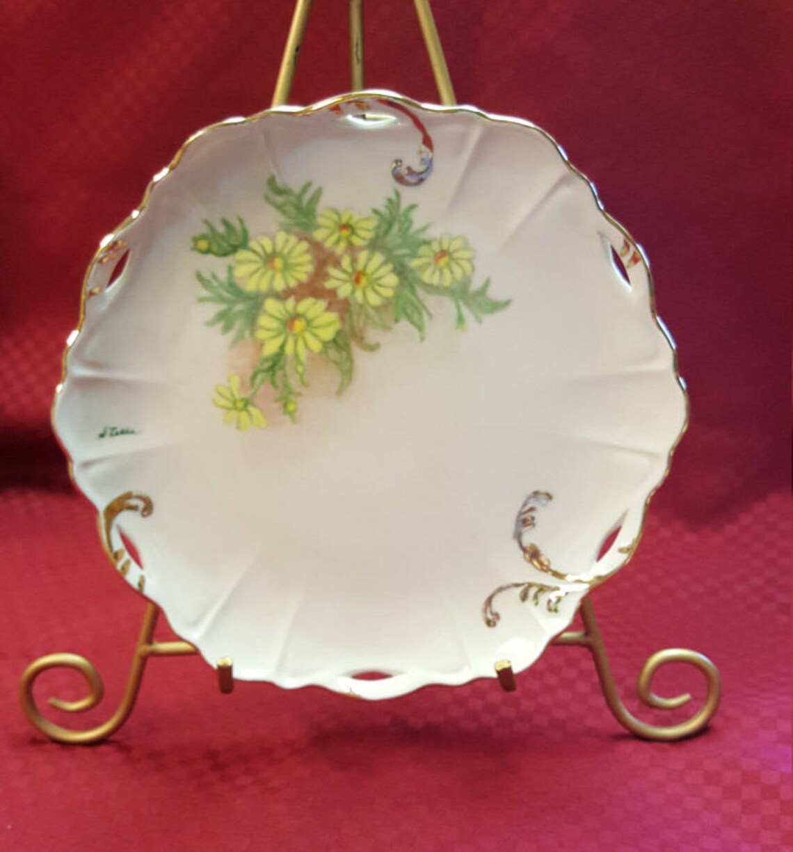 Yellow Daisy Hand Painted Porcelain Plate Scalloped & | Etsy
