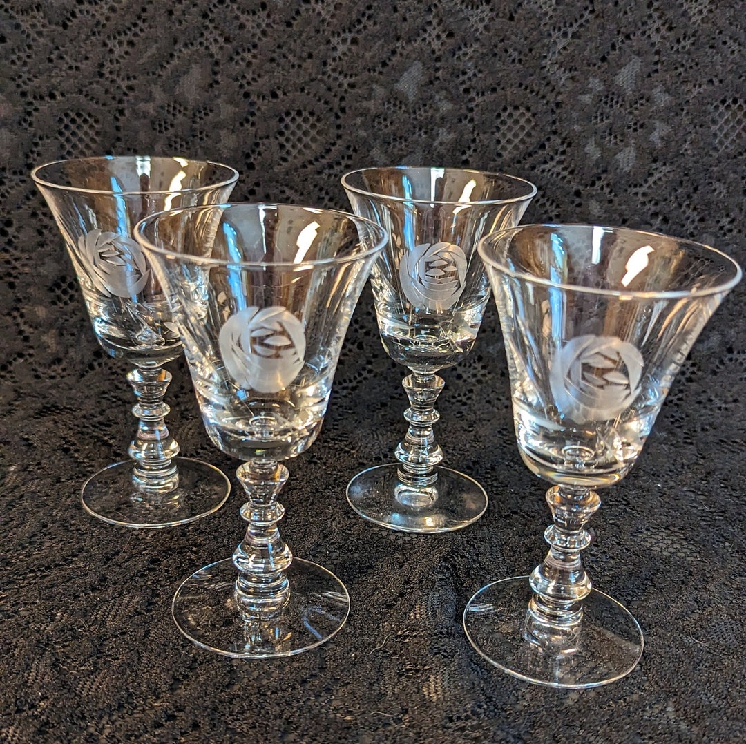 Set of 4 - Rare FOSTORIA Rose Pattern, Etched Hand-blown Crystal Claret ...