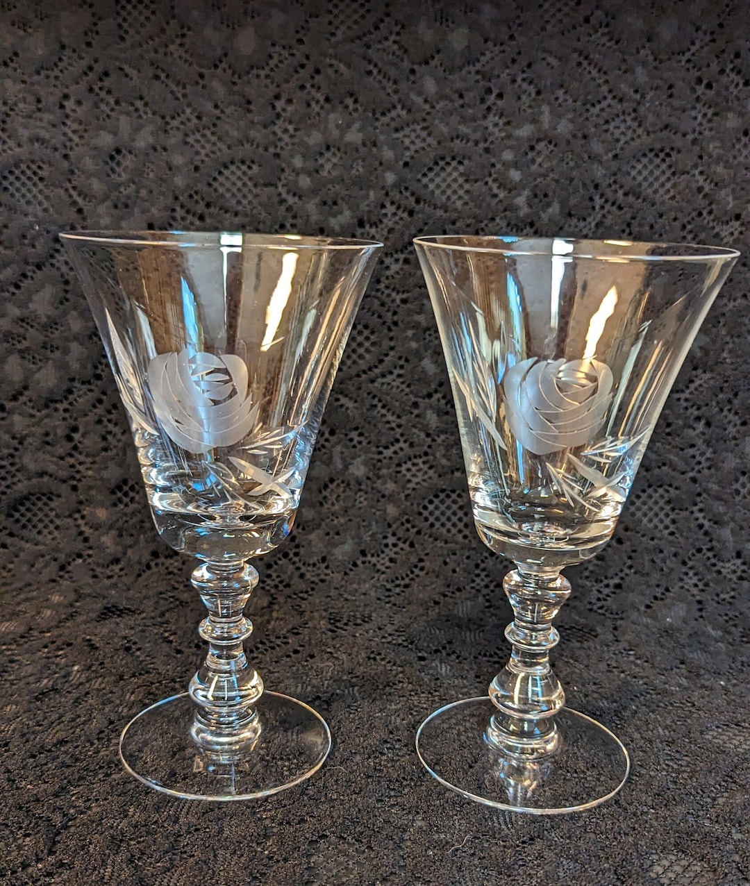 Set of 2 - Rare FOSTORIA Rose Pattern, Etched Hand-blown Crystal Water ...