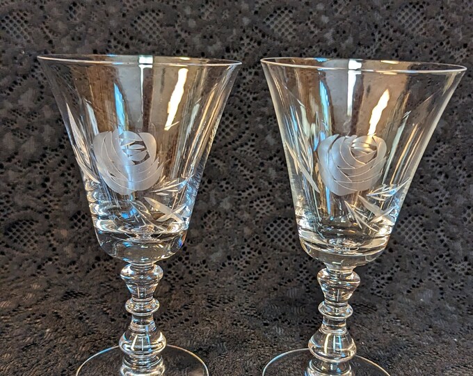 Set of 2 - Rare FOSTORIA Rose Pattern, Etched Hand-blown Crystal Water ...