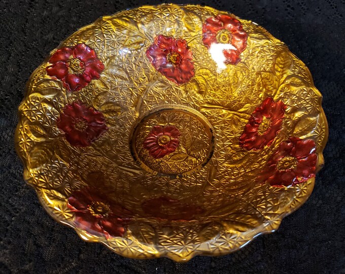 Gorgeous GOOFUS Glass, GOLD & Burgundy RED Pattern, Round Serving Bowl ...