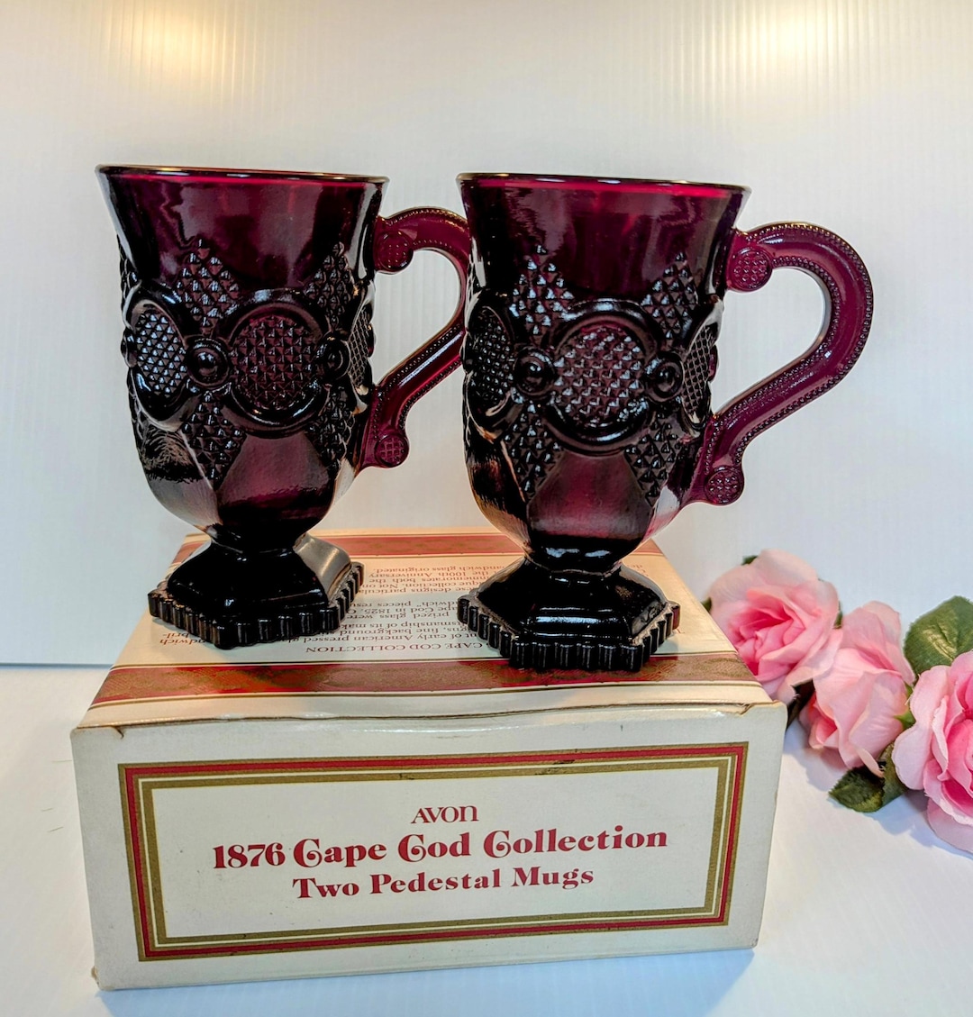 AVON Ruby Red Glass Set of 2 Pedestal Mugs, Original Box, 1876 Cape Cod ...