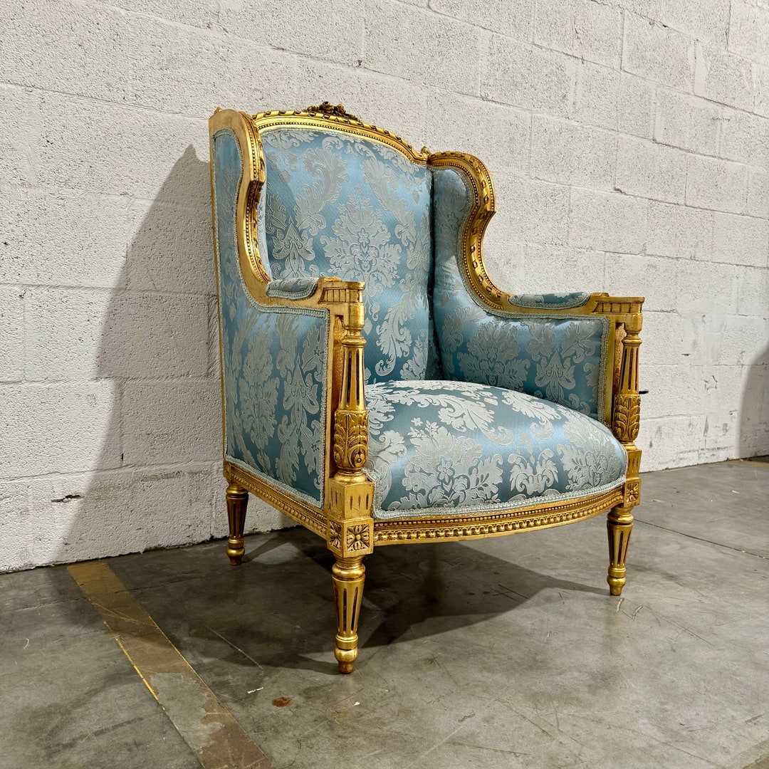 French Chair Light Blue Vintage Chair New Upholstery Damask Fabric ...
