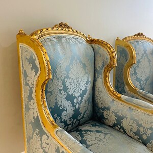 French Chair Light Blue Vintage Chair New Upholstery Damask Fabric ...