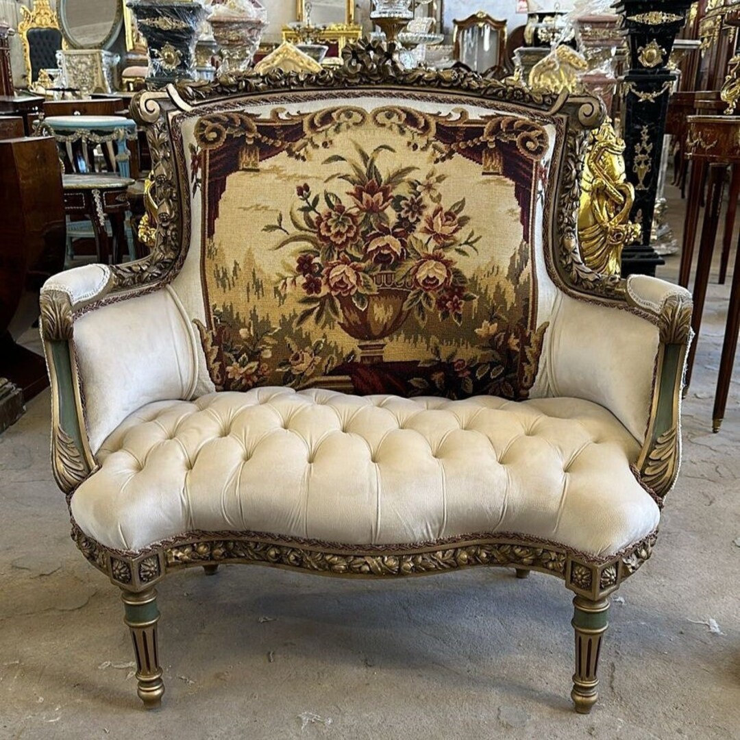 Rococo Vintage 24k Gold Chair With White Beige Upholstery Fabric Gold ...