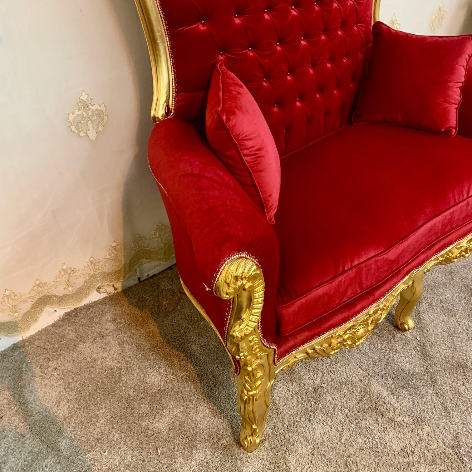 French Large Reproduction Chair Red velvet Tufted Chair Throne | Etsy