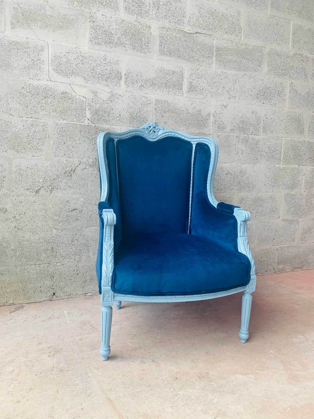 Vintage Chair French Light Blue Matte Custom Frame Royal Blue Plush ...