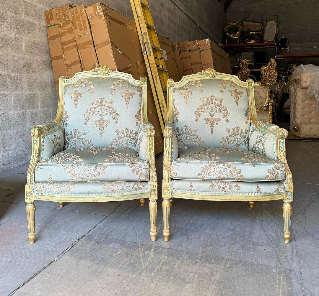 Rococo Style Chair Sky Blue Throne Vintage Chair New Upholstery Damask ...