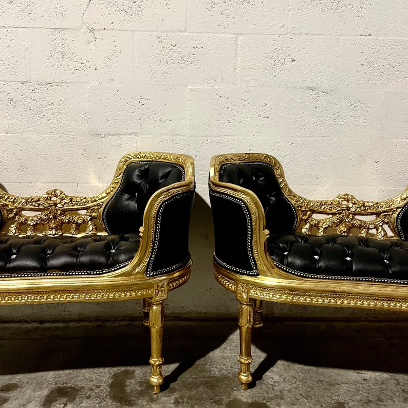 French Tufted Bench Black Leather Chair French Bench Tufted - Etsy