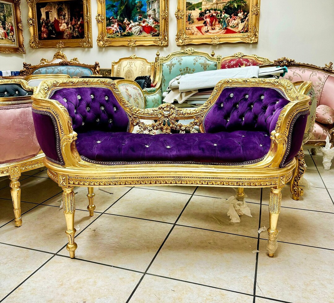 Purple Velvet Bench French Style Small Settee Vintage Bench Vintage ...