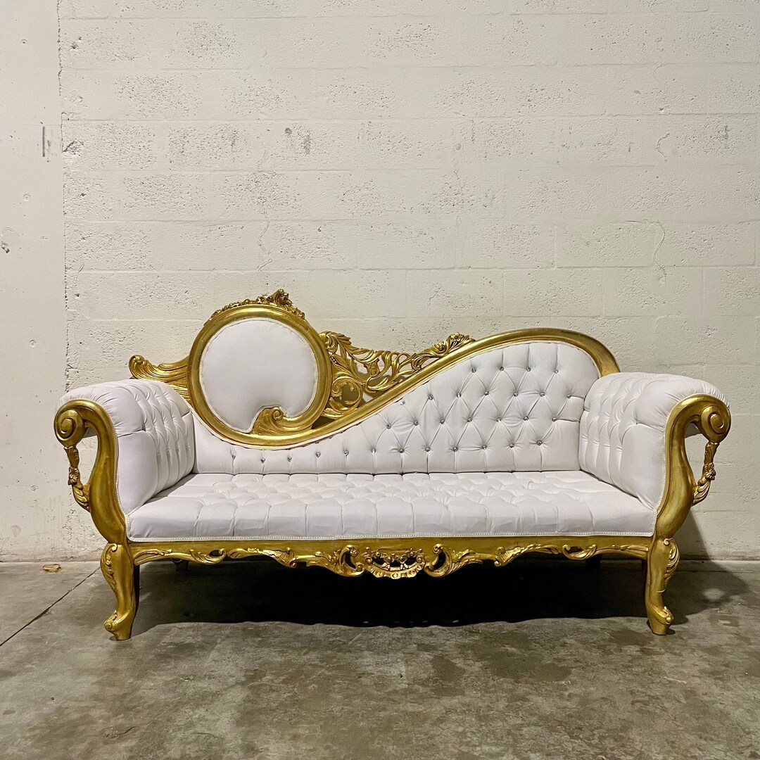 Vintage Chaise Lounge Furniture White Leather Sofa Gold Settee French ...