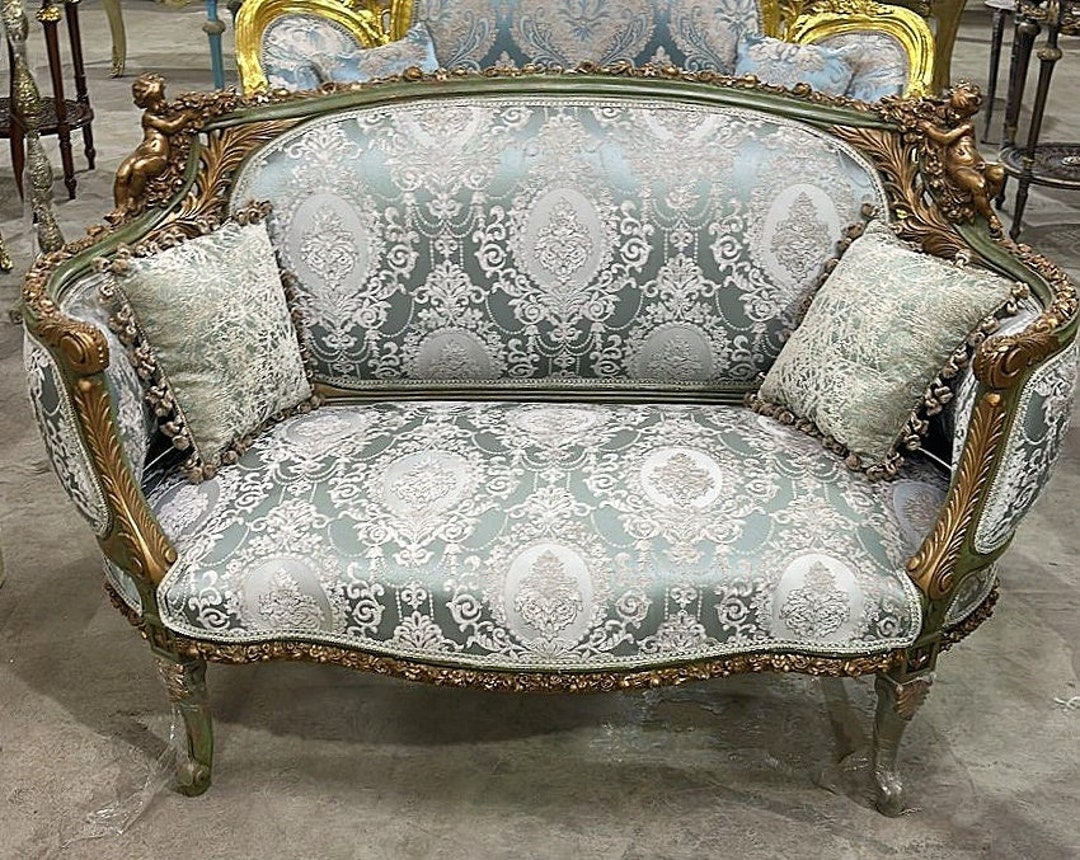 French Rococo Style Sky Blue Tufted Sofa Vintage 24K Gold Furniture - Etsy