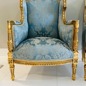 French Chair Light Blue Vintage Chair New Upholstery Damask Fabric ...