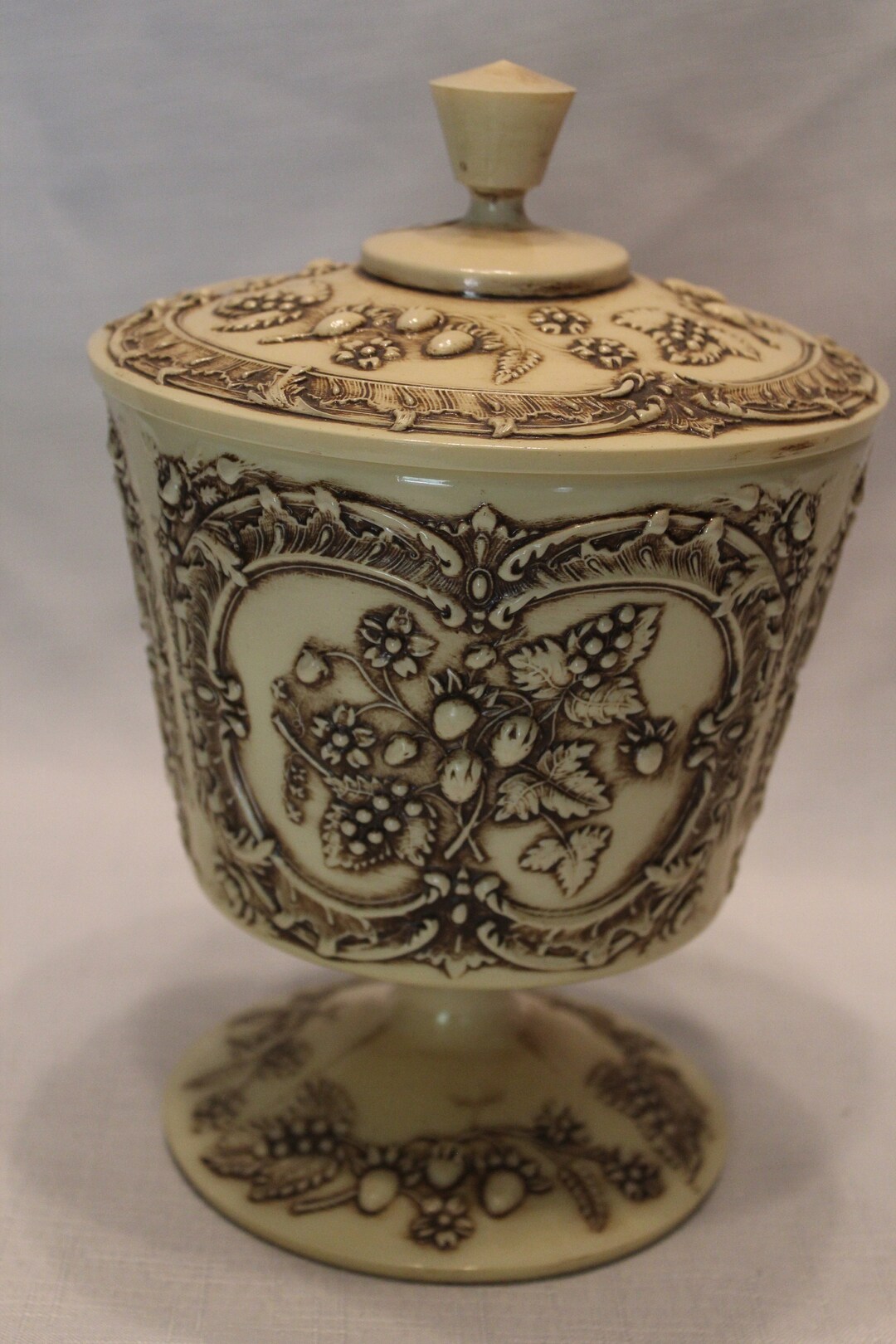 Fenton Antiqued Covered Candy Dish, Wild Strawberry Pattern With Lid ...