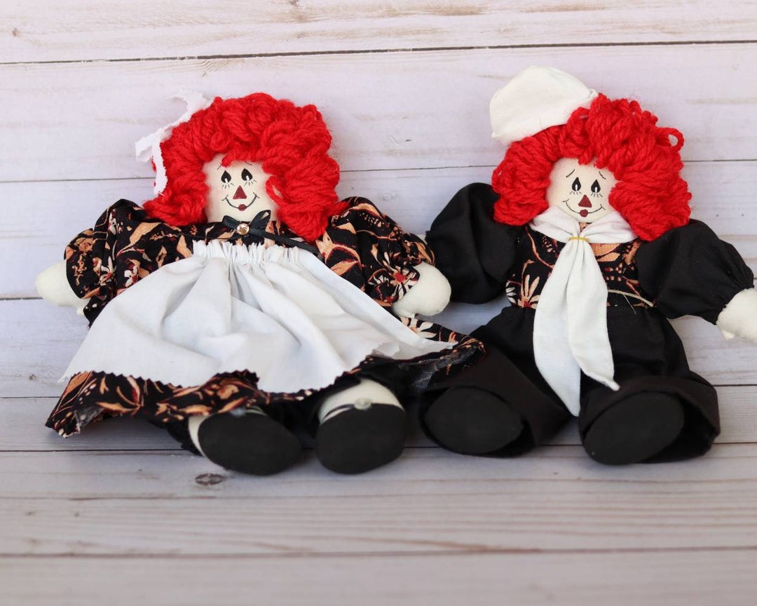 Fabric Dolls Boy and Girl Rag Doll Set in Black Calico, Handmade Cloth ...