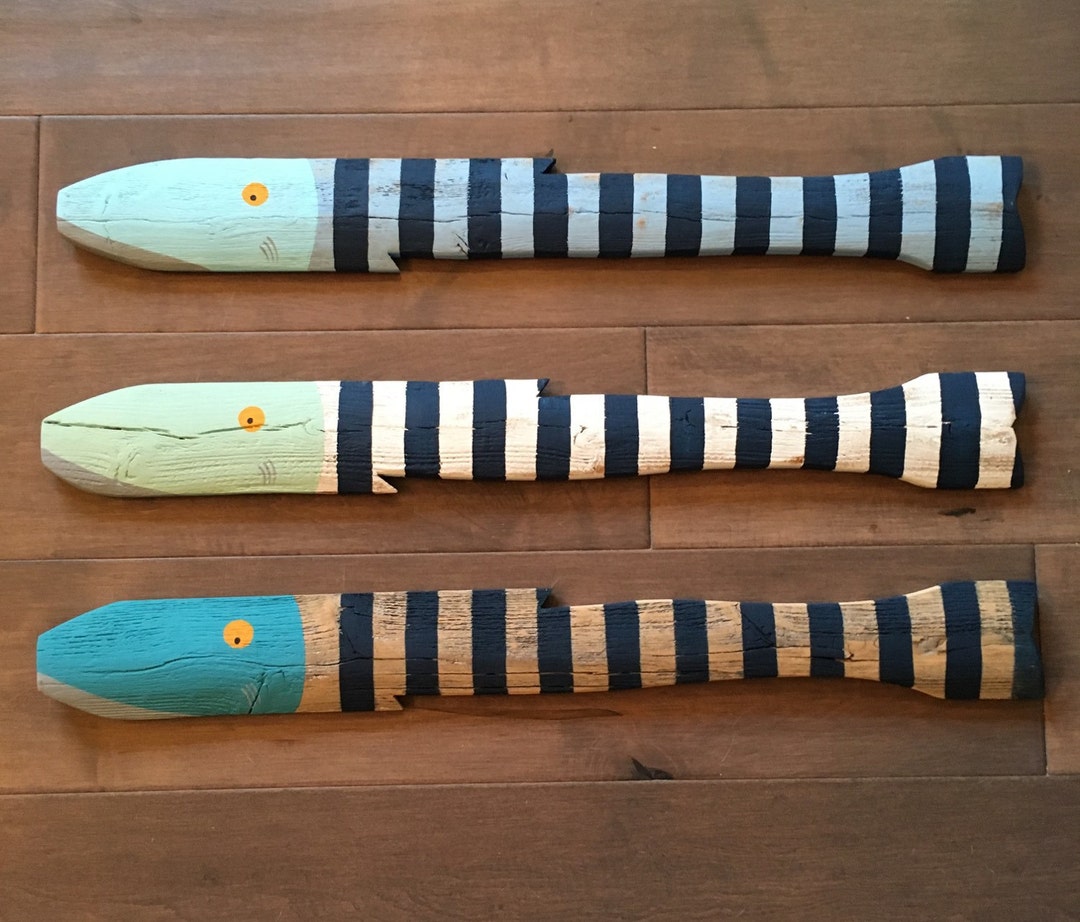 SET OF 3 - LARGE Wooden Fish Nautical Fish Decor - Reclaimed Fish ...