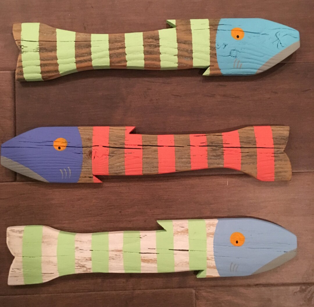 SET OF 3 - Wooden Fish Nautical Fish Decor - Reclaimed Fish - Reclaimed ...
