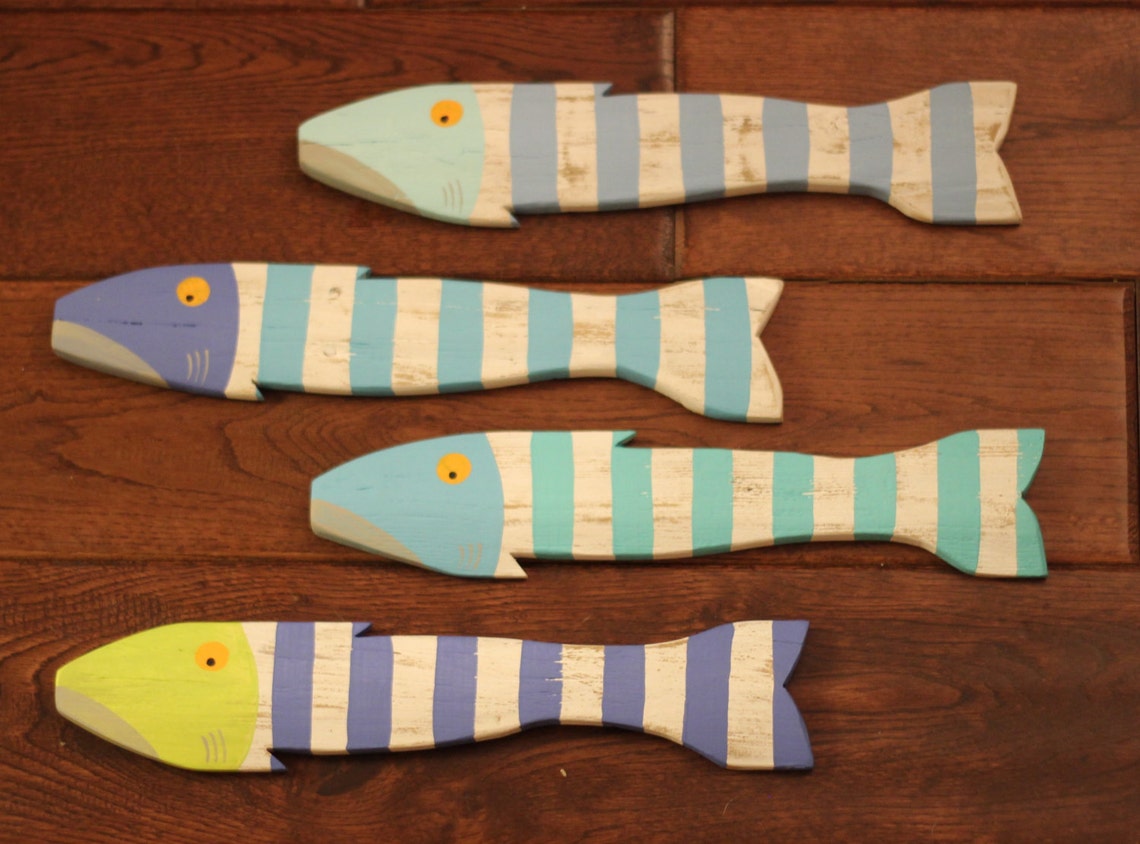 Set of 4 Wooden Fish Nautical Fish Decor Reclaimed Fish | Etsy