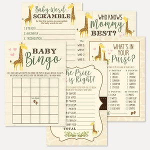 Giraffe Baby Shower Game Set Templates -bingo, Word Scramble, the Price ...