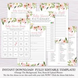 Pink Watercolor Floral Wreath Baby Shower Game Suite, Baby Shower Game ...
