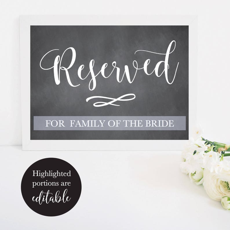 Chalkboard Printable Reserved Sign for Wedding, Rustic Seating Table ...