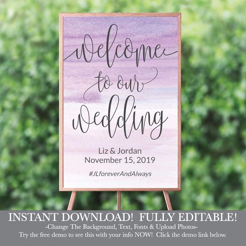 Purple Watercolor Ombre Wedding Welcome Sign Template, Welcome Sign for ...