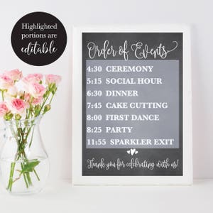 Chalkboard Order of Events Editable Wedding Sign, Rustic Printable ...