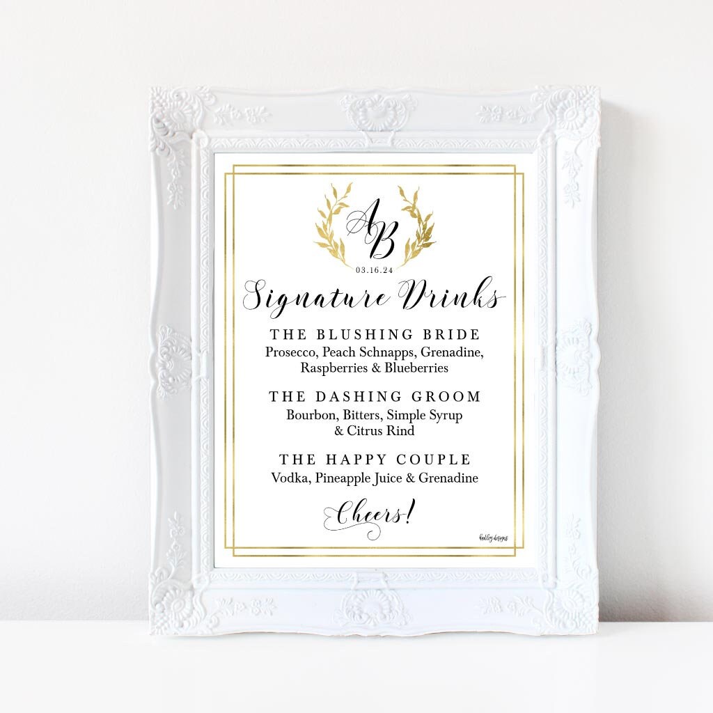 Gold Shimmer Laurel Wedding Bar Menu Sign Template - Printable ...
