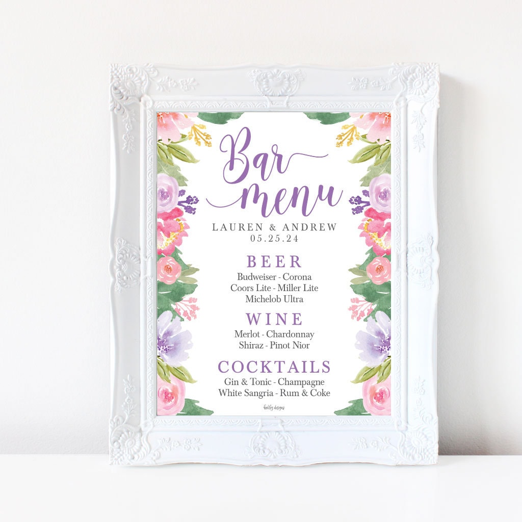 Spring Floral Wedding Bar Menu Sign Template Printable | Etsy