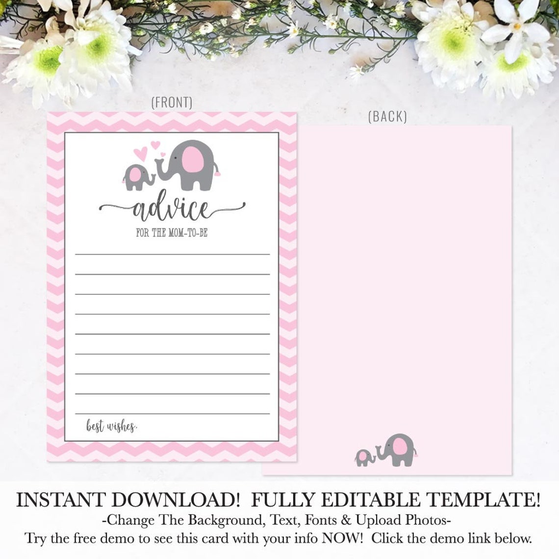 Pink Chevron and Chalk Elephant Baby Shower Advice Cards | Etsy