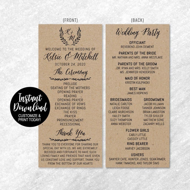 Wedding Ceremony Program Funny Printable Wedding Programs - Etsy