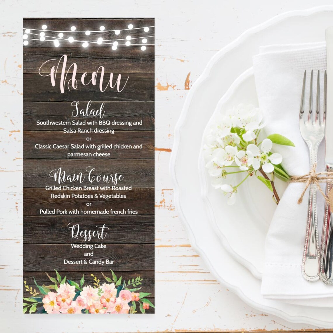 Dark Wood Floral Wedding Party Menu Template, 4x9 Editable Printable ...