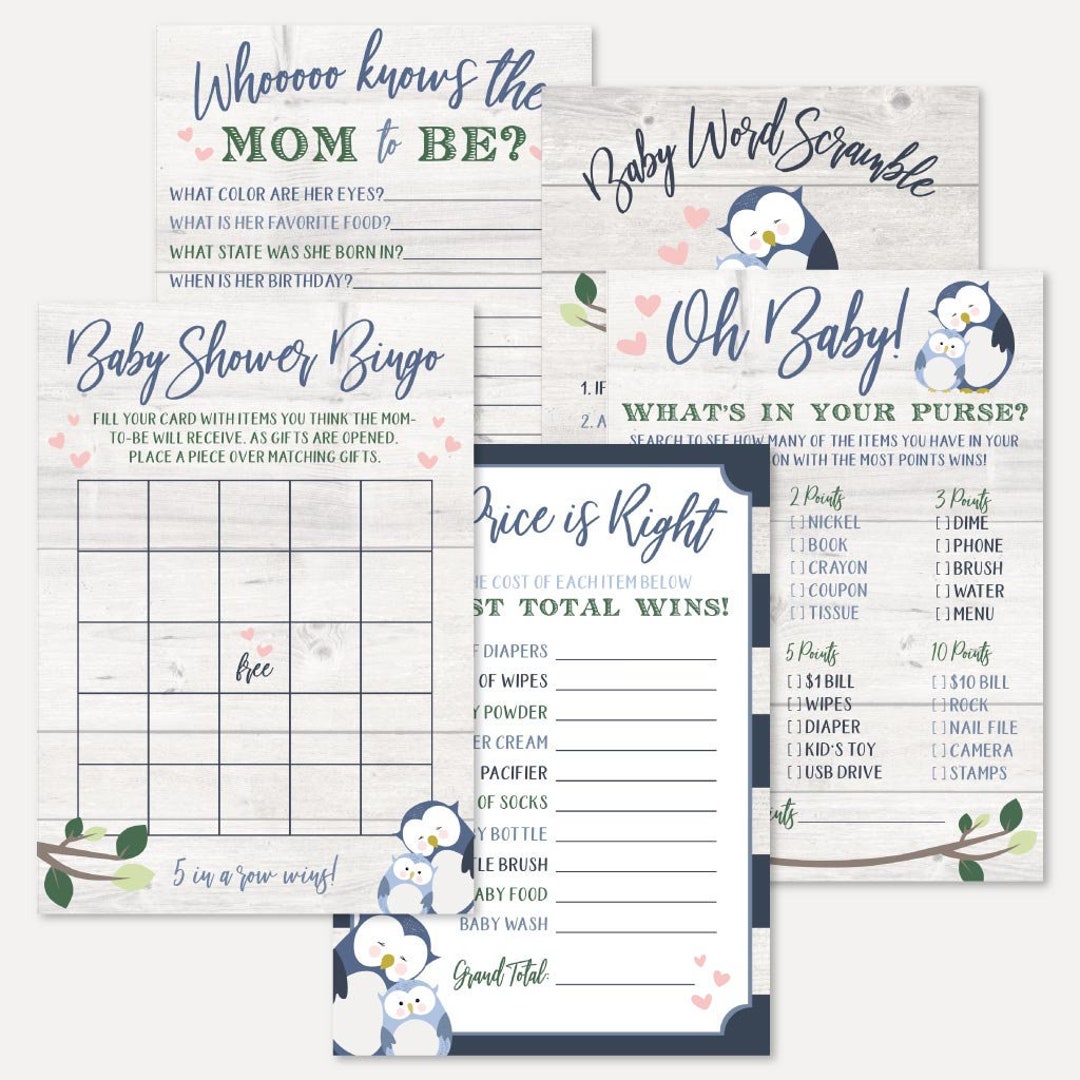 Owl Boy Baby Shower Games Set Template Bingo, Word Scramble, the Price ...