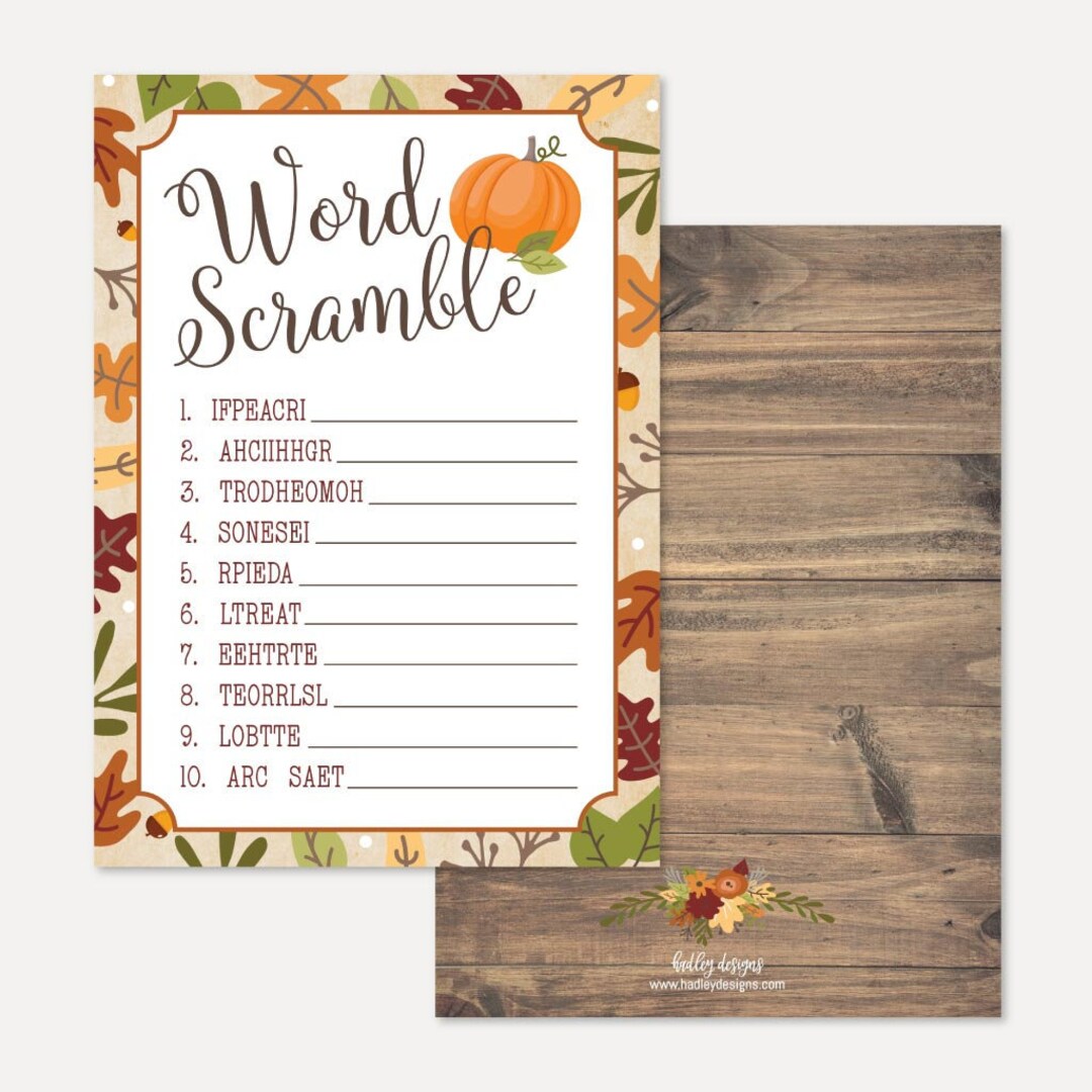 Fall Rustic Baby Shower Word Scramble Game Template - Word Scramble ...