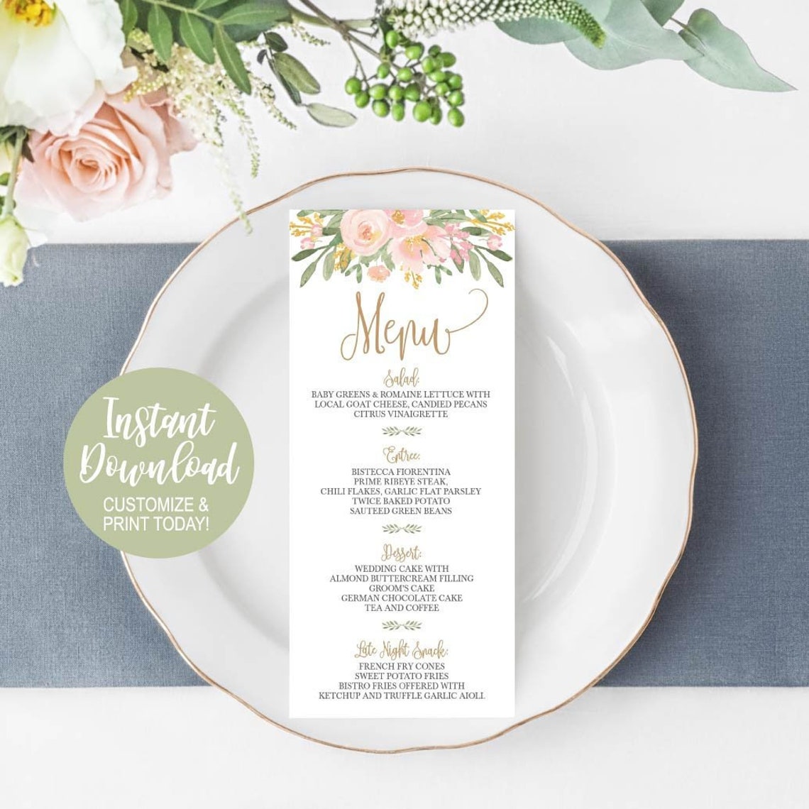 Wedding Menu Printable, Wedding Dinner Menu Template, DIY Wedding Menu ...